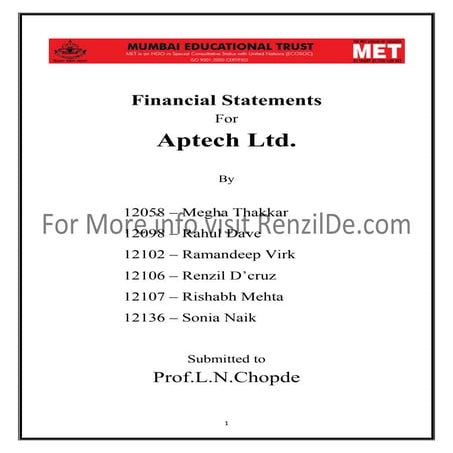 Managerial Accounts : Financial Statements For Aptech Ltd. | PDF