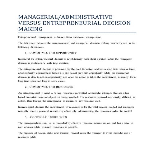 Managerial versus entrepreneurial decision making | DOCX