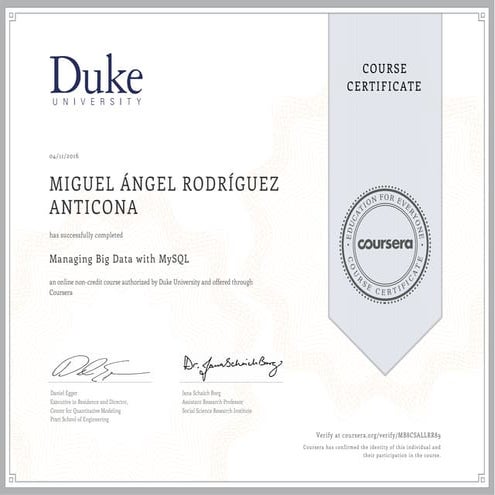 Managing Big Data With Mysql Certificate