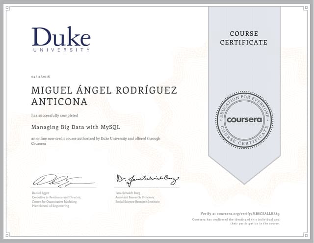 Managing Big Data With Mysql Certificate