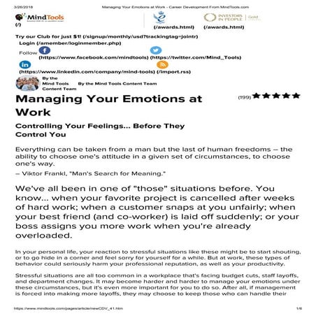 Managing your emotions at work career development from mind tools.com