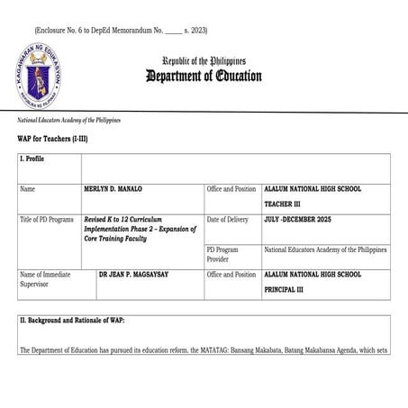 Sample MATATAG WAP For Master Teachers.docx