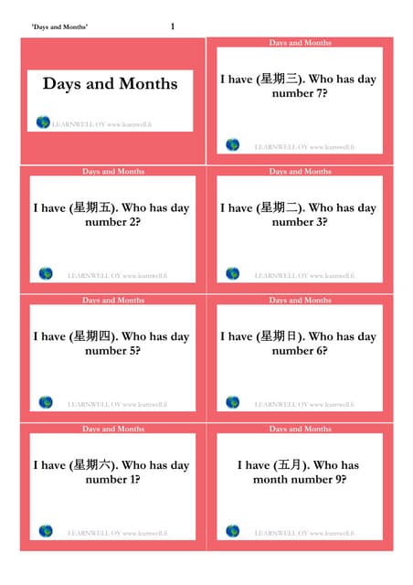 "Days and Months" Pinyin - English cards | PDF