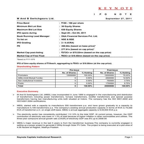 M and b switchgears ipo note keynote capitals- | PDF