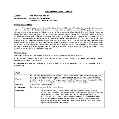 บทละคร Mangita and larina สำหรับแสดงละครสั้นภาษาอังกฤษ | PDF