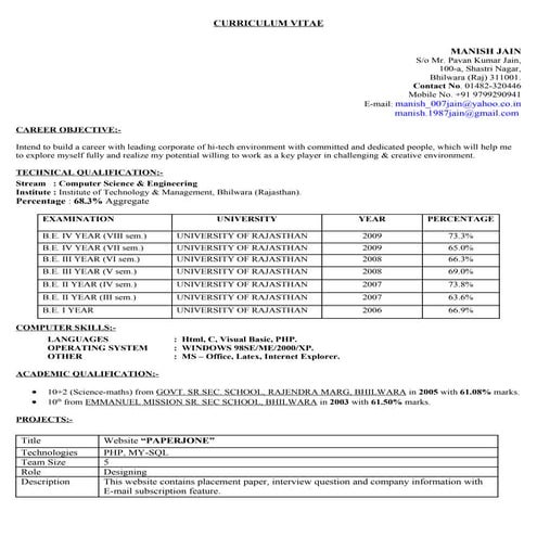 Manish Resume1 | DOC | Undergraduate Education | College Education
