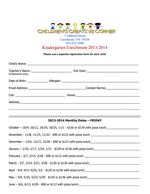 Kindergarten Program Registration Form for Tuesday | PDF