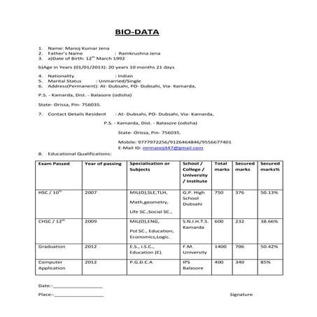 Manoj bio data | PDF