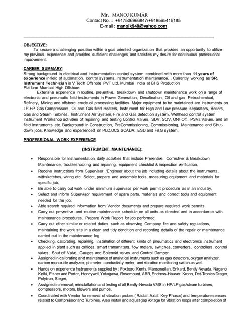 Instrumentation Engineer Resume | DOC