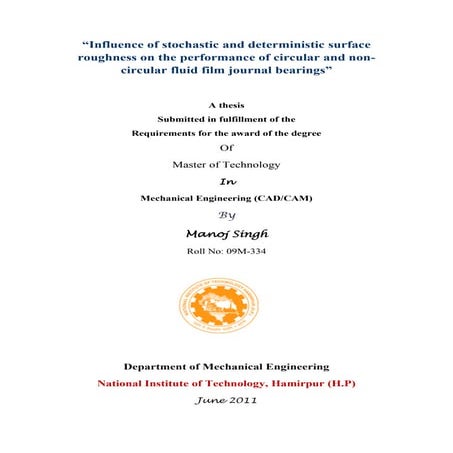 Journal Bearing Lubrication Manoj Kumar Singh Thesis | PDF