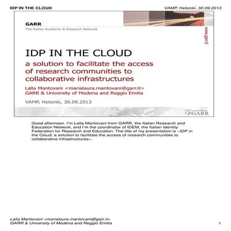 IDP IN THE CLOUD a solution to facilitate the access of research communities to collaborative ...