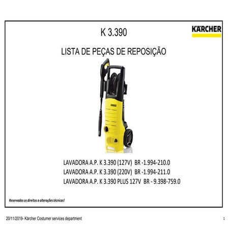Manual Karcher K3390 K 3390 - lista de peças de reposição part number | PDF