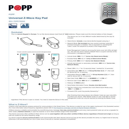 Z-Wave Keypad Manual - PoPP | PDF