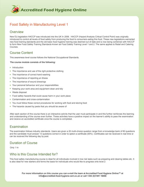 Certificate in Food Hygiene and Safety for Catering - Edu Kite | PDF