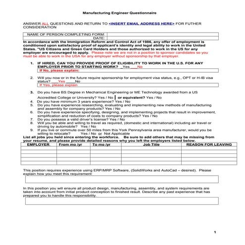 Manufacturing engineer questionnaire | DOC | Resume Writing and Advice ...