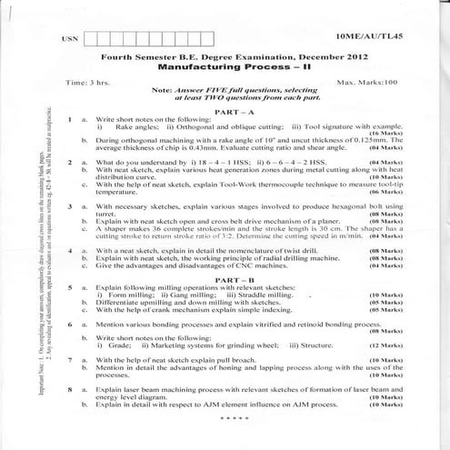 Manufacturing process-II Question papers | PDF
