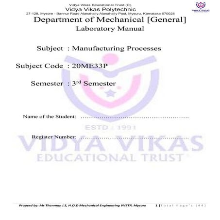 Manufacturing processes 20 me33p lab manual c 20 | PDF