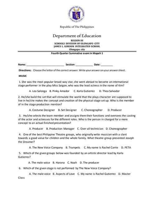 Mapeh 8 4th grading exam | PDF