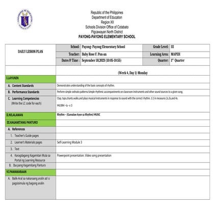 detailed lesson plan in MAPEH 3 quarter 1 | DOCX