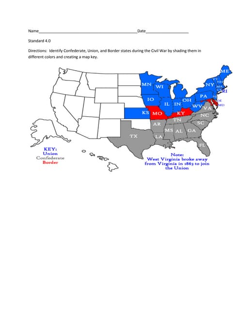Civil War Map Confederate States And Union States