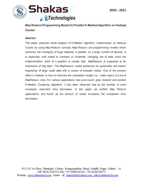 Map Reduce Programming Model For Parallel K Mediod Algorithm On Hadoop Cluster Pdf