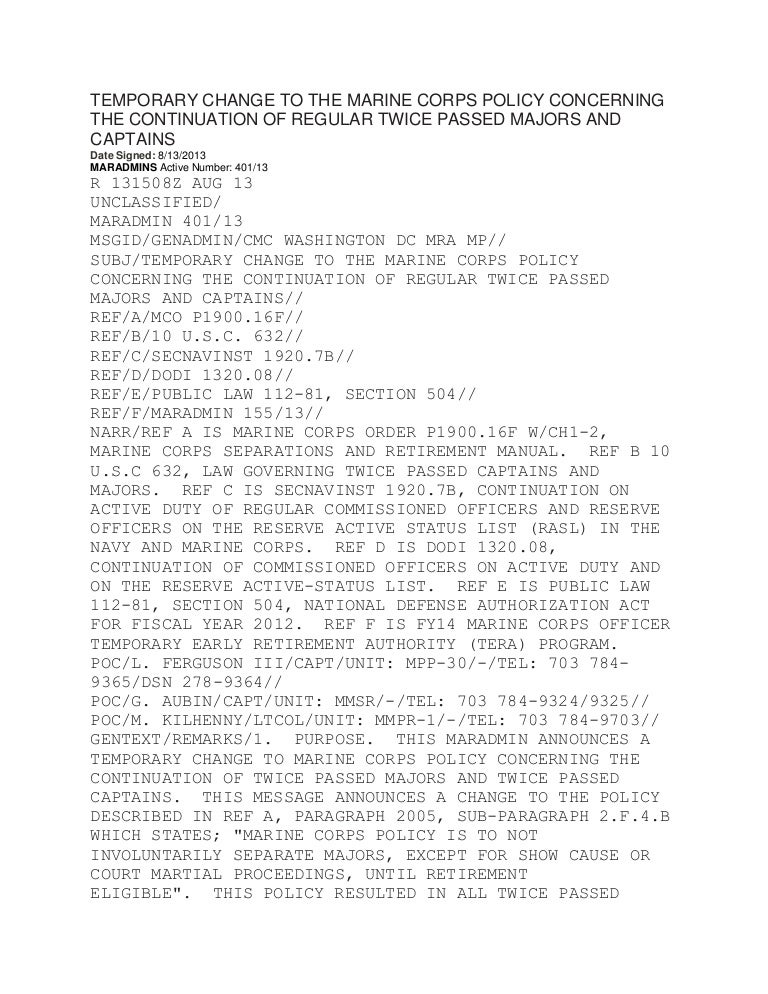 MARADMIN 401/13 Temporary Change to the Marine Corps Policy Concerni…