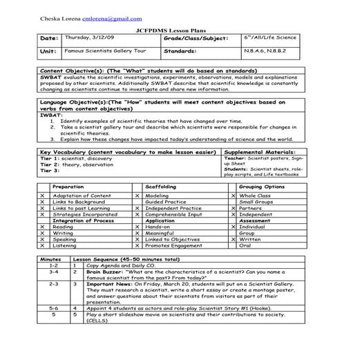 Student Teaching Lesson Plan: Scientist Gallery 1 | DOC