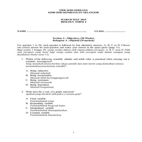 March 2015 biology form 4 test | PDF