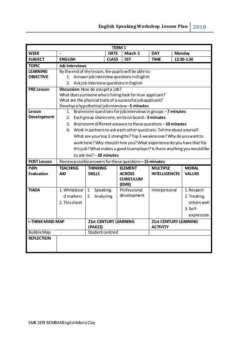 LESSON PLAN FORM 5 job Interviews LESSON PLAN FORM 5 job Interviews
