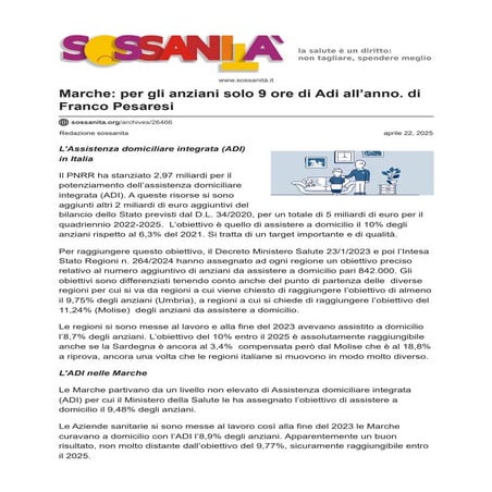 Marche: per gli anziani solo 9 ore di ADI all’anno | PDF