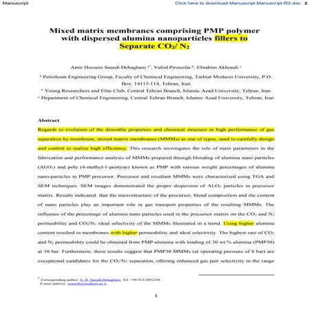 Mixed matrix membranes comprising PMP polymer with dispersed alumina nanoparticles fillers to ...