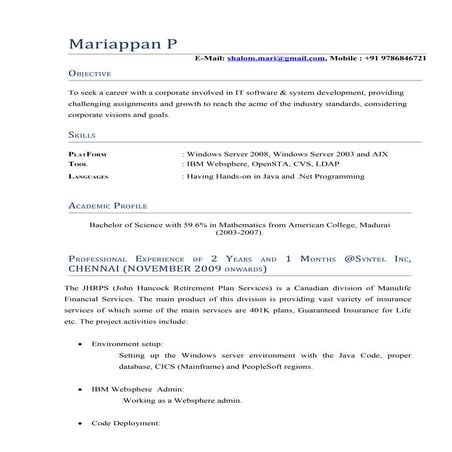 Mariappan p 2+ exp resume | PDF