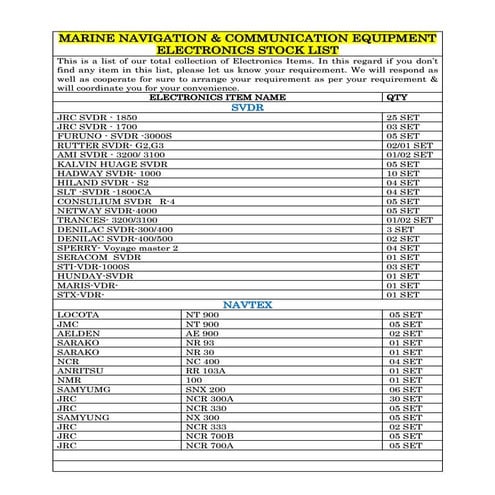 Marine navigation & communication electronics latest stock list 2016 | PDF
