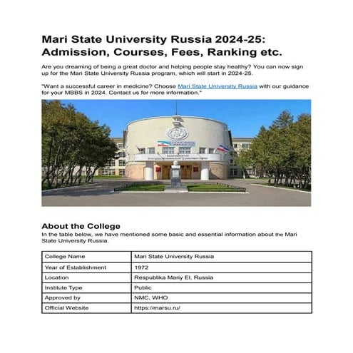 Mari State University Russia 2024-25: Admission, Courses, Fees ...
