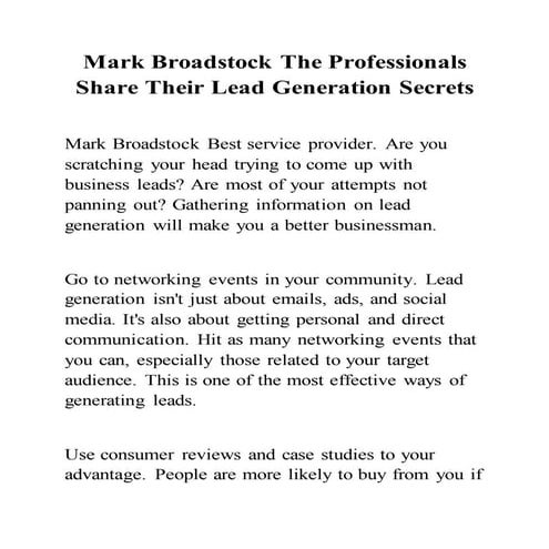 Mark broadstock the professionals share their lead generation secrets ...