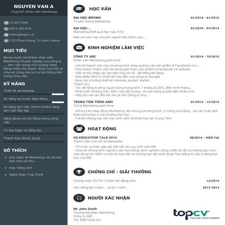 [TopCV] Mẫu CV xin việc dành cho Nhân viên Marketing | PDF