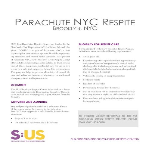 Parachute NYC and SUS' Brooklyn Crisis Respite Center | PDF