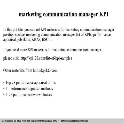 Marketing communication manager kpi | PPT
