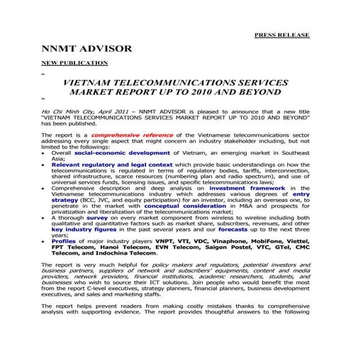 Press Release For Vietnam Telecommunications Services Market Report Up ...