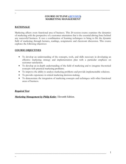 Marketing management -- course outline 2003-2004 -- revised | PDF