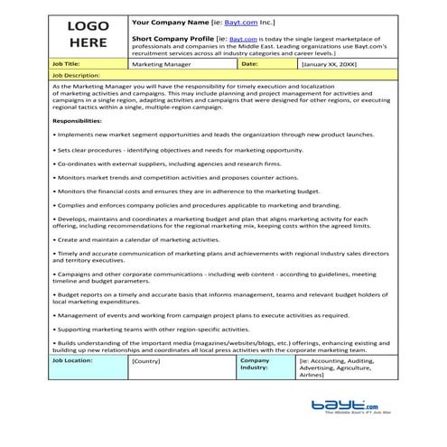 Marketing Manager Job Description Template by Bayt.com