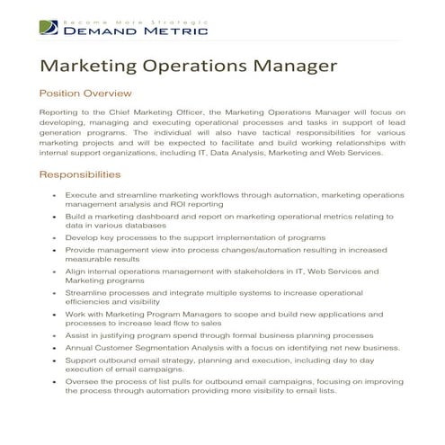 Marketing Operations Manager Job Description | DOC