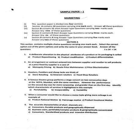 Marketing (783) Marking Scheme Sample paper CBSE Class 12 2017 | PDF
