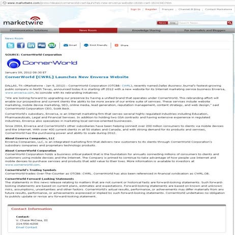 CornerWorld [CWRL] Moves to Bulletin Board | PDF