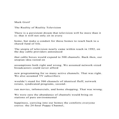 Mark Greif The Reality of Reality Television There is .docx