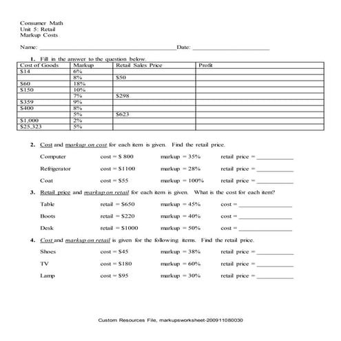 Markups worksheet | PDF