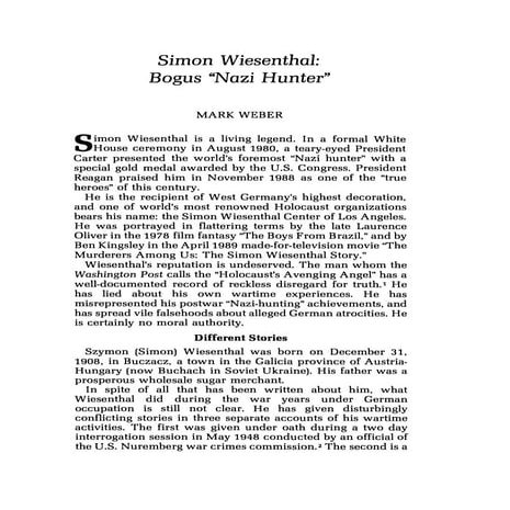 Mark weber simon wiesenthal - bogus 'nazi hunter' - journal of ...