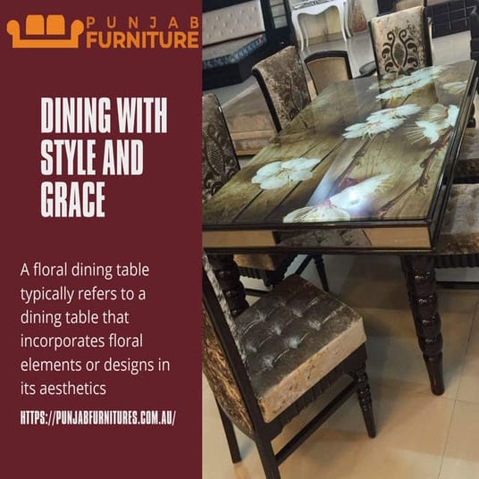 Floral Top Wooden Golden Cushioned Dining Table | PPT