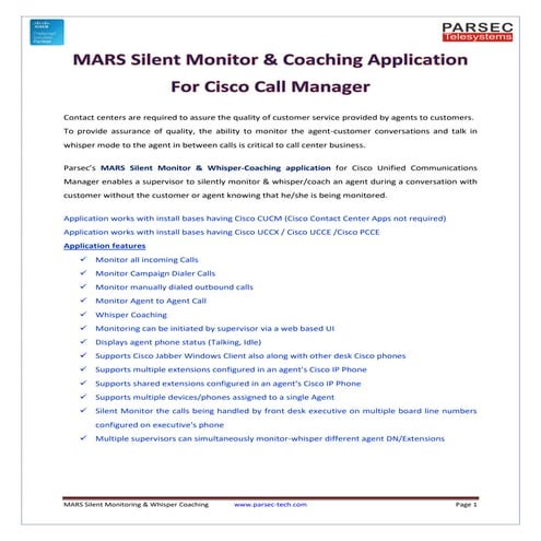 MARS Silent Monitoring & Whisper for Cisco CUCM | PDF