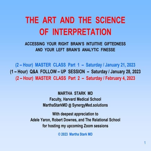 Martha Stark MD – 21 Jan 2023 – MASTER CLASS Part 1 – The Art and The ...